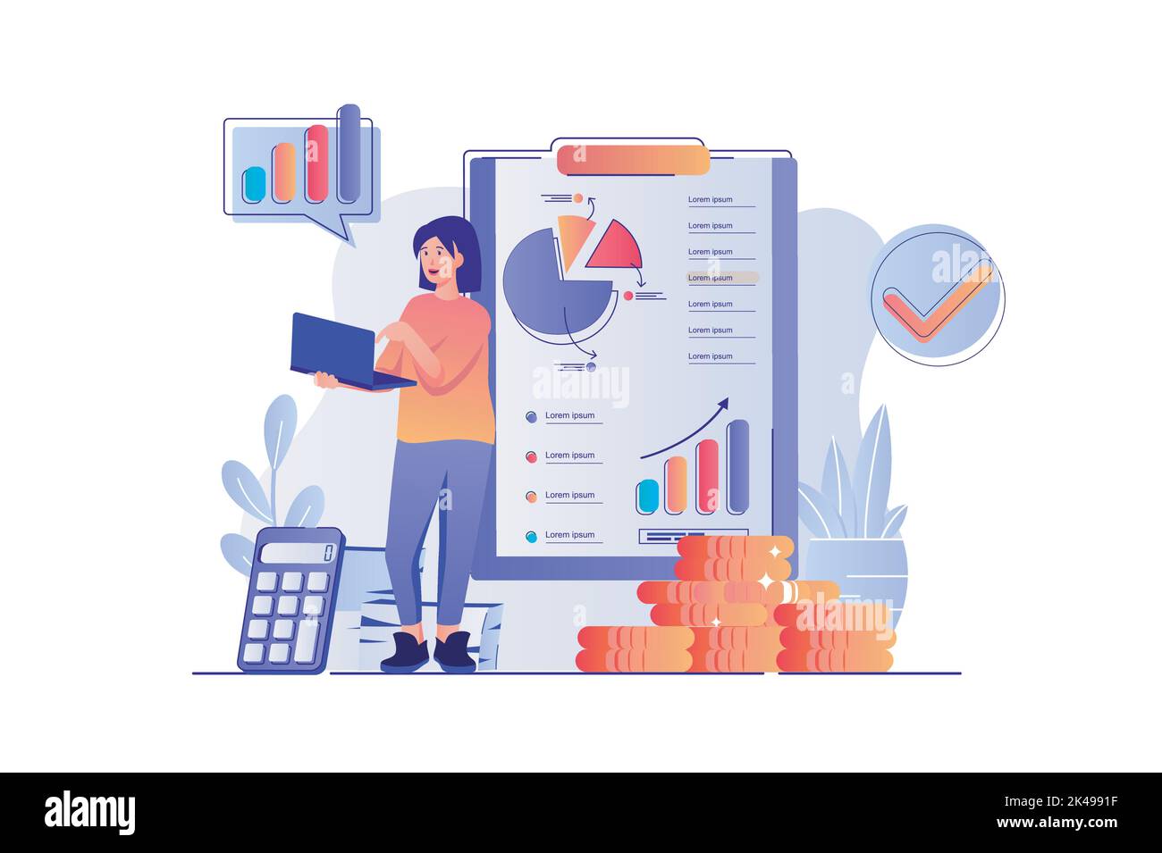 Accounting concept with people scene. Woman bookkeeper making research ...