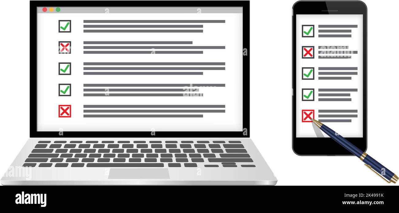 Laptop and mobile with checkboxes filled with check marks. Vector illustration isolated on white ...