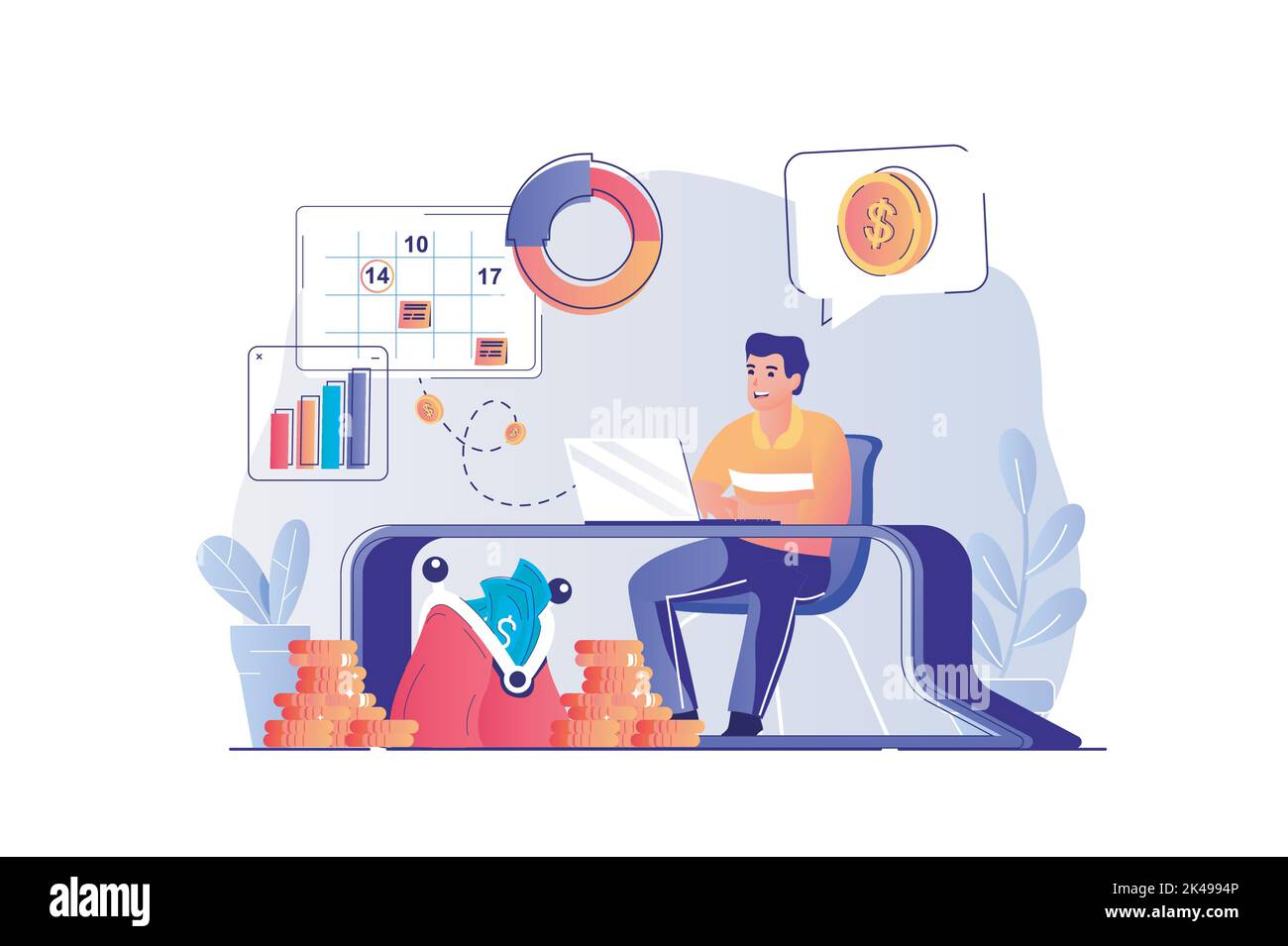 Planning financial budget concept with people scene. Man calculating ...