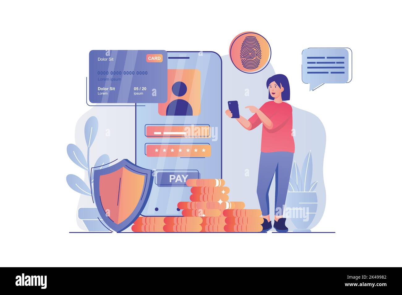 Secure payment concept with people scene. Woman accesses application ...
