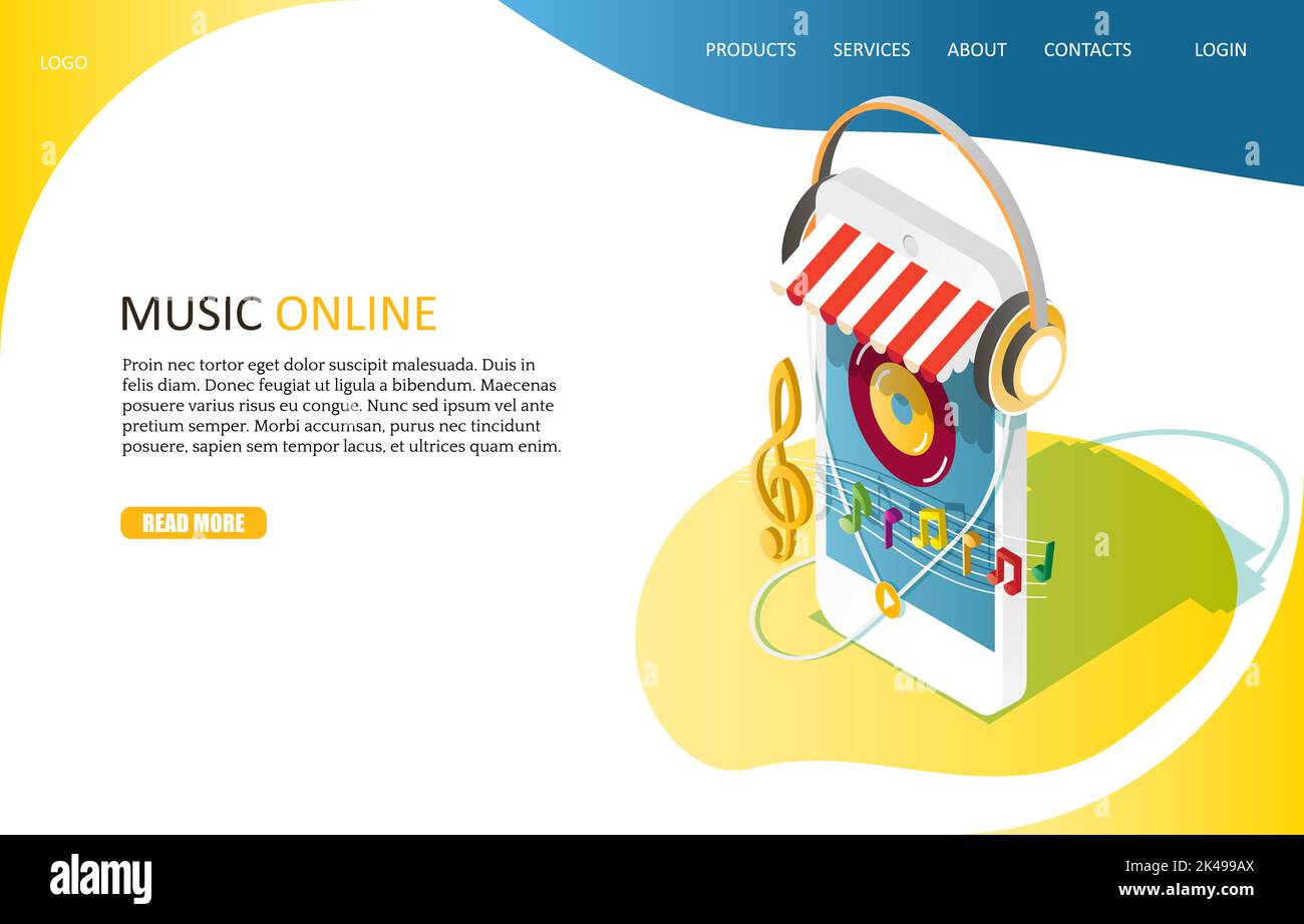 Music online landing page website template. Vector isometric smartphone ...