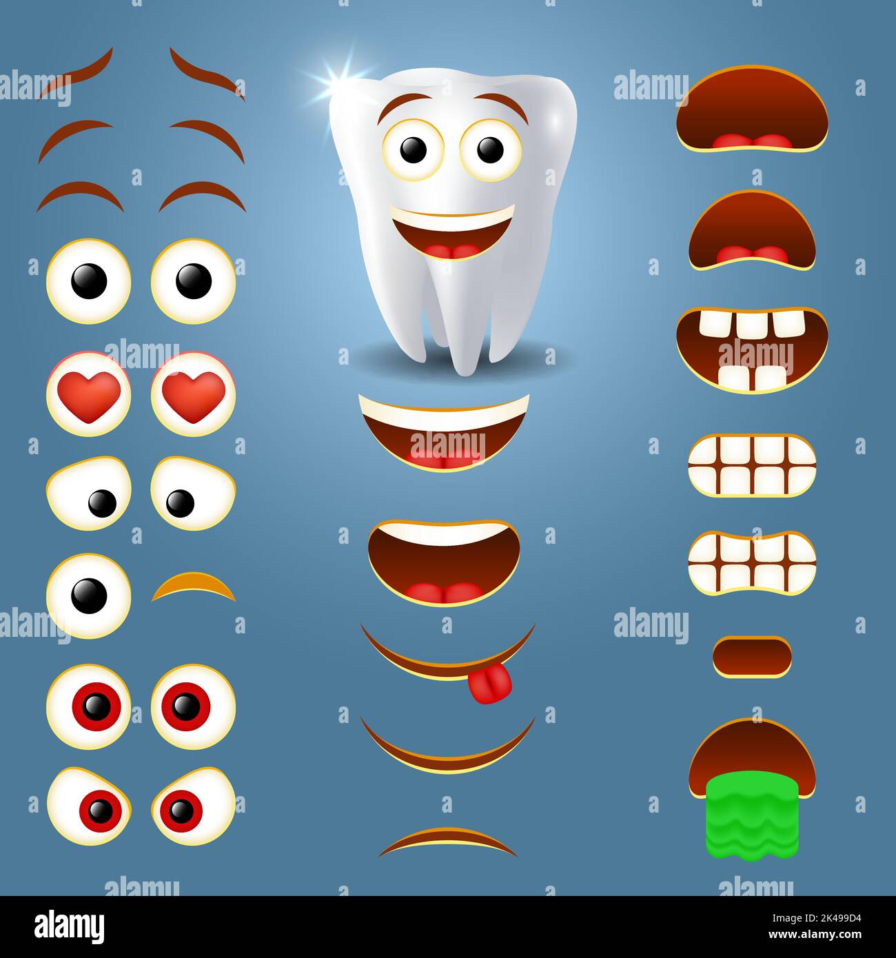 Tooth emoji maker, smiley creator. Vector set of emoticon body parts ...