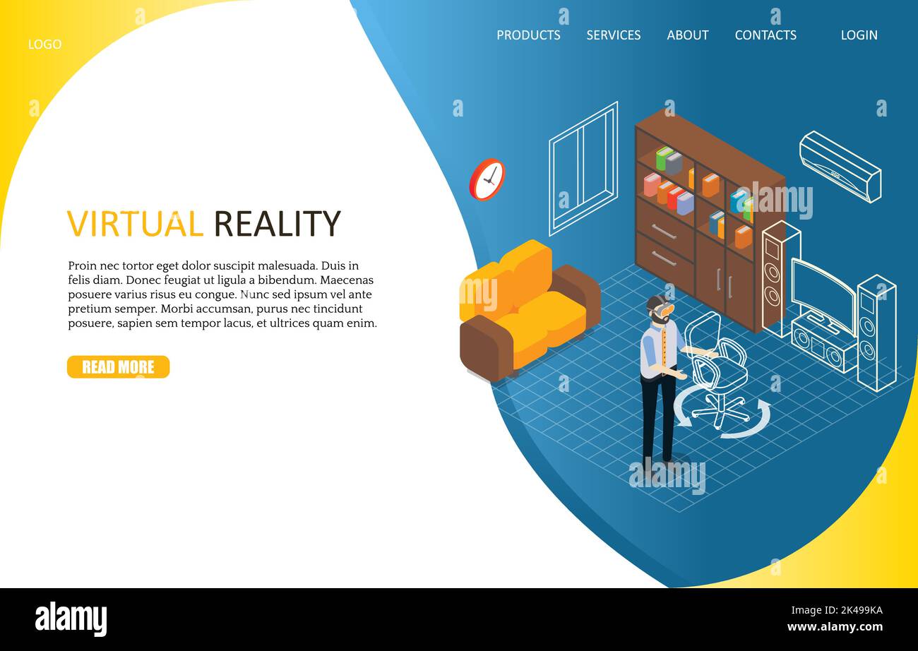 Virtual reality landing page website template. Vector isometric illustration of man in vr ...