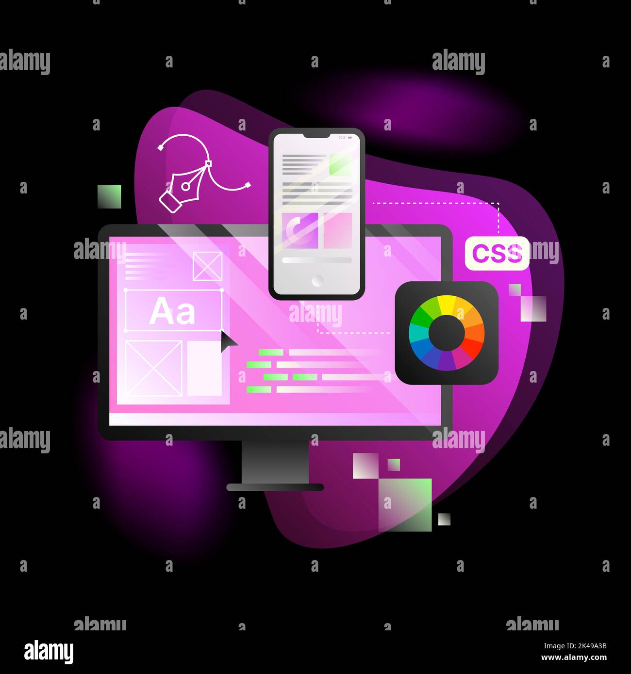 Design Application Illustration. Pink Computer Desktop with Online ...