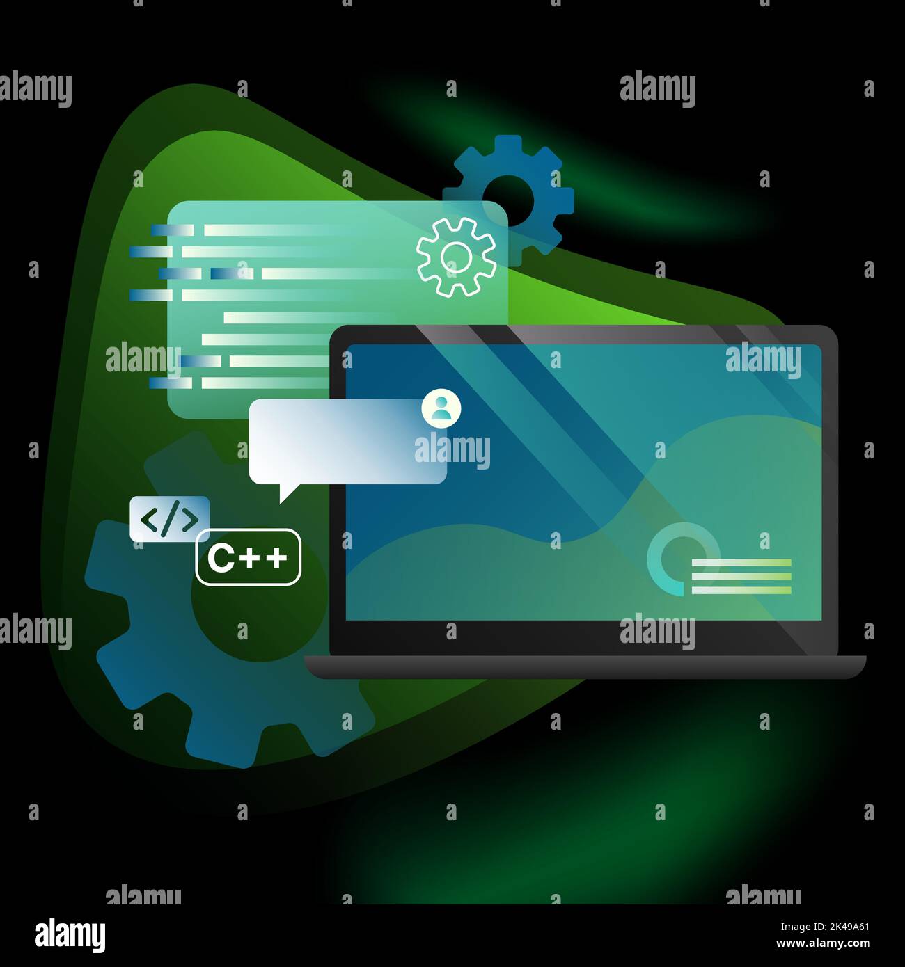 Application Development Illustration. Detailed Coding Elements, Laptop ...