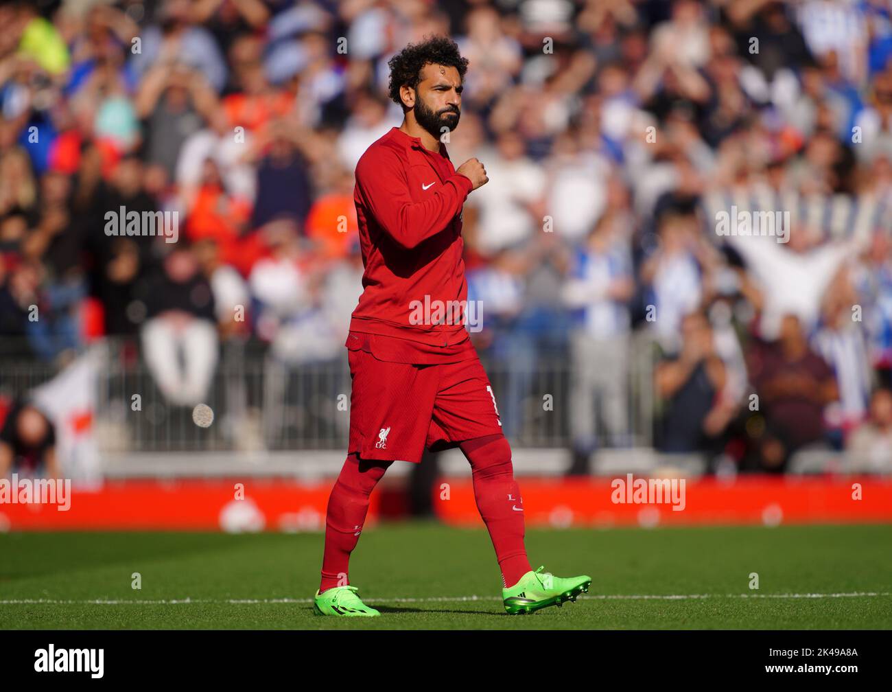 Liverpool's Mohamed Salah walks on to the pick ahead of the Premier ...