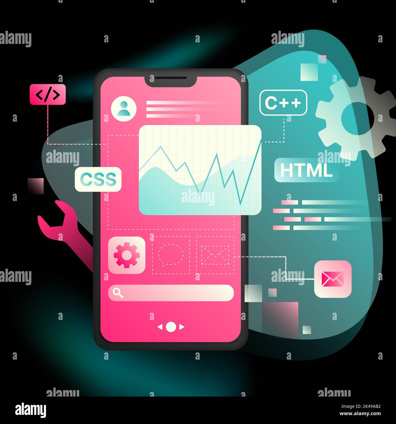 Detailed Smartphone Illustration. Coding Elements. Black Template ...