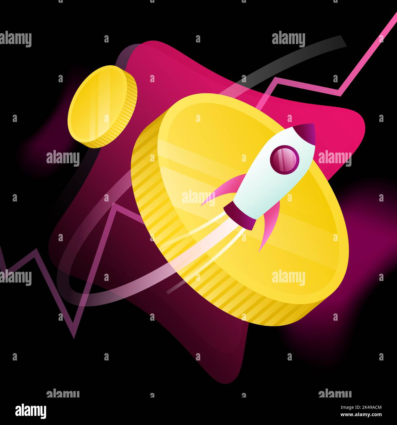 Startup Launch Colorful Illustration. Coins, Graph and Rocket Details ...