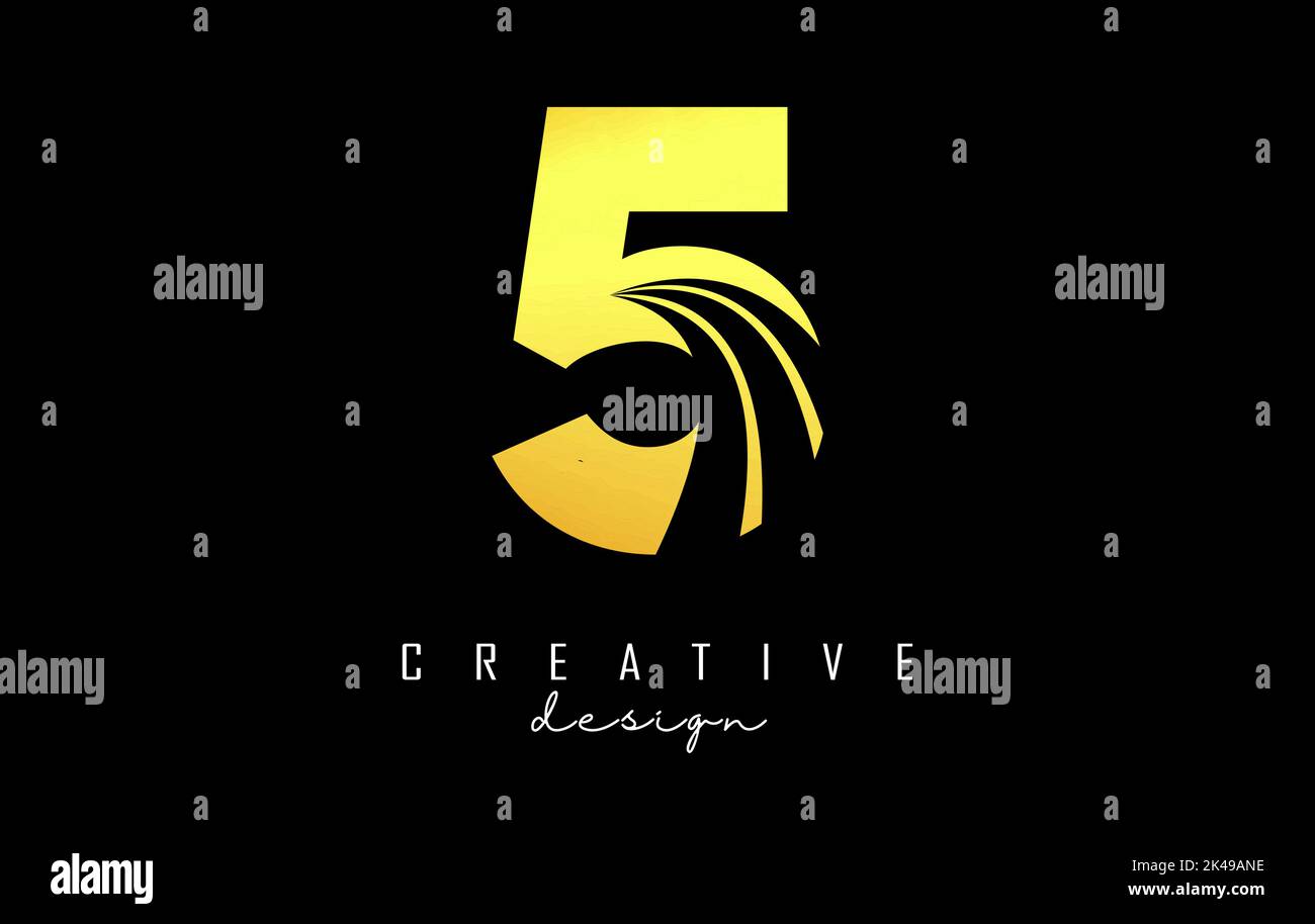 Golden Creative number 5 logo with leading lines and road concept ...
