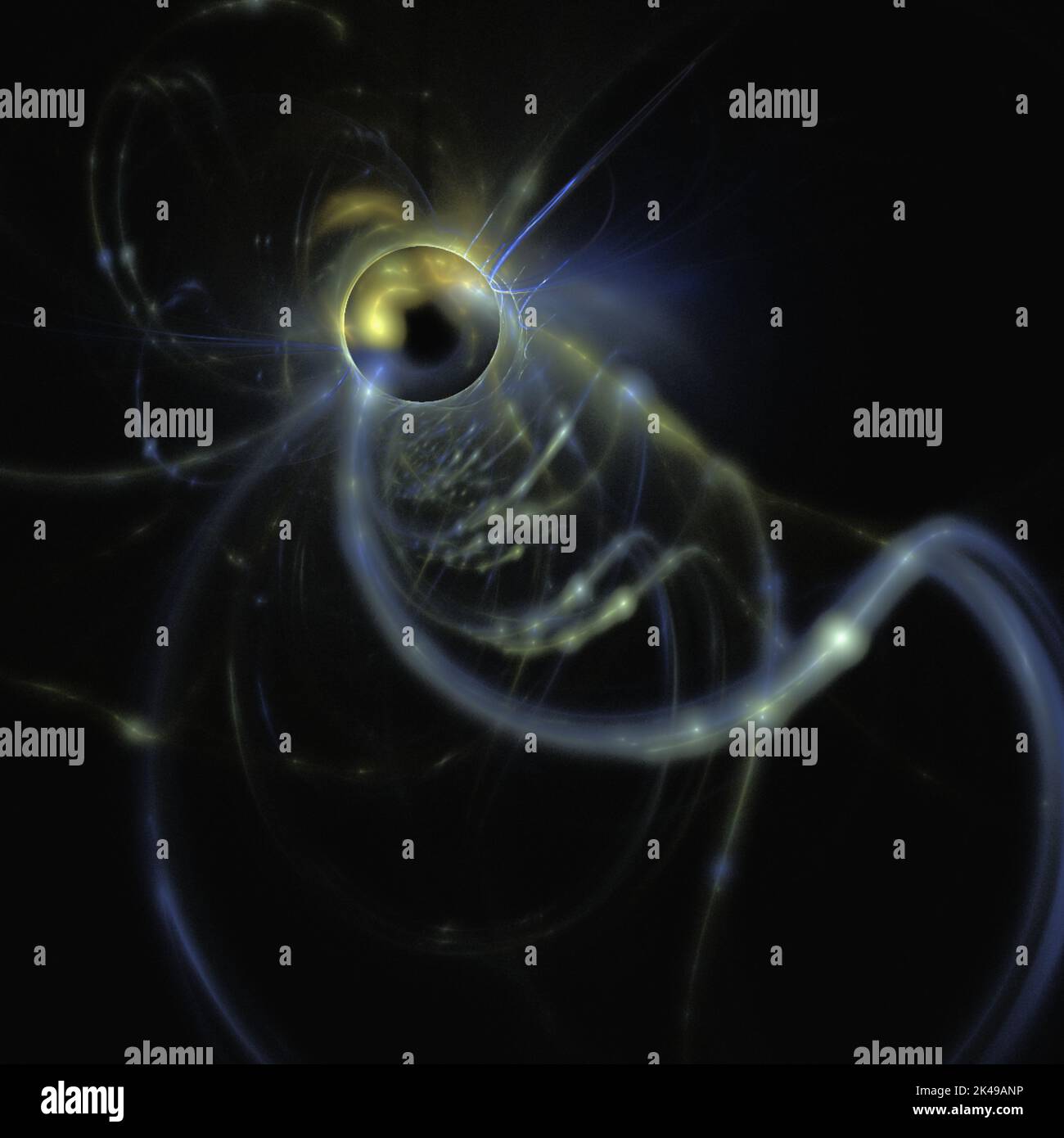 graphic yellow and blue space illustration on black background, star ...