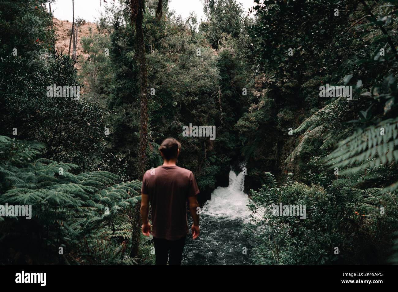 Immobile caucasian boy with black pants and brown t-shirt looking at ...
