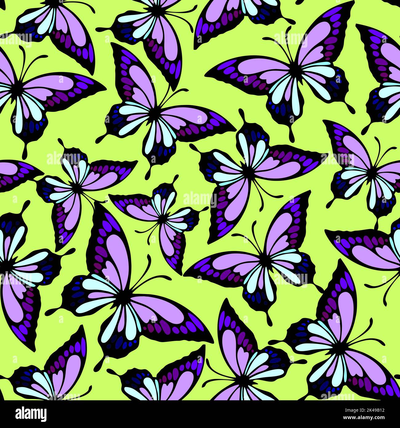 seamless pattern of bright butterflies in purple tones on a light green ...