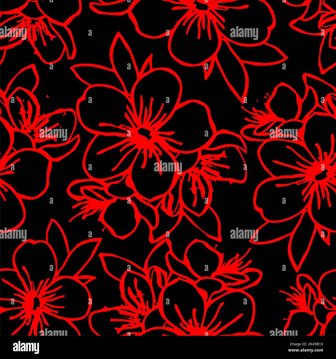 seamless pattern of red contours of flowers on a black background ...