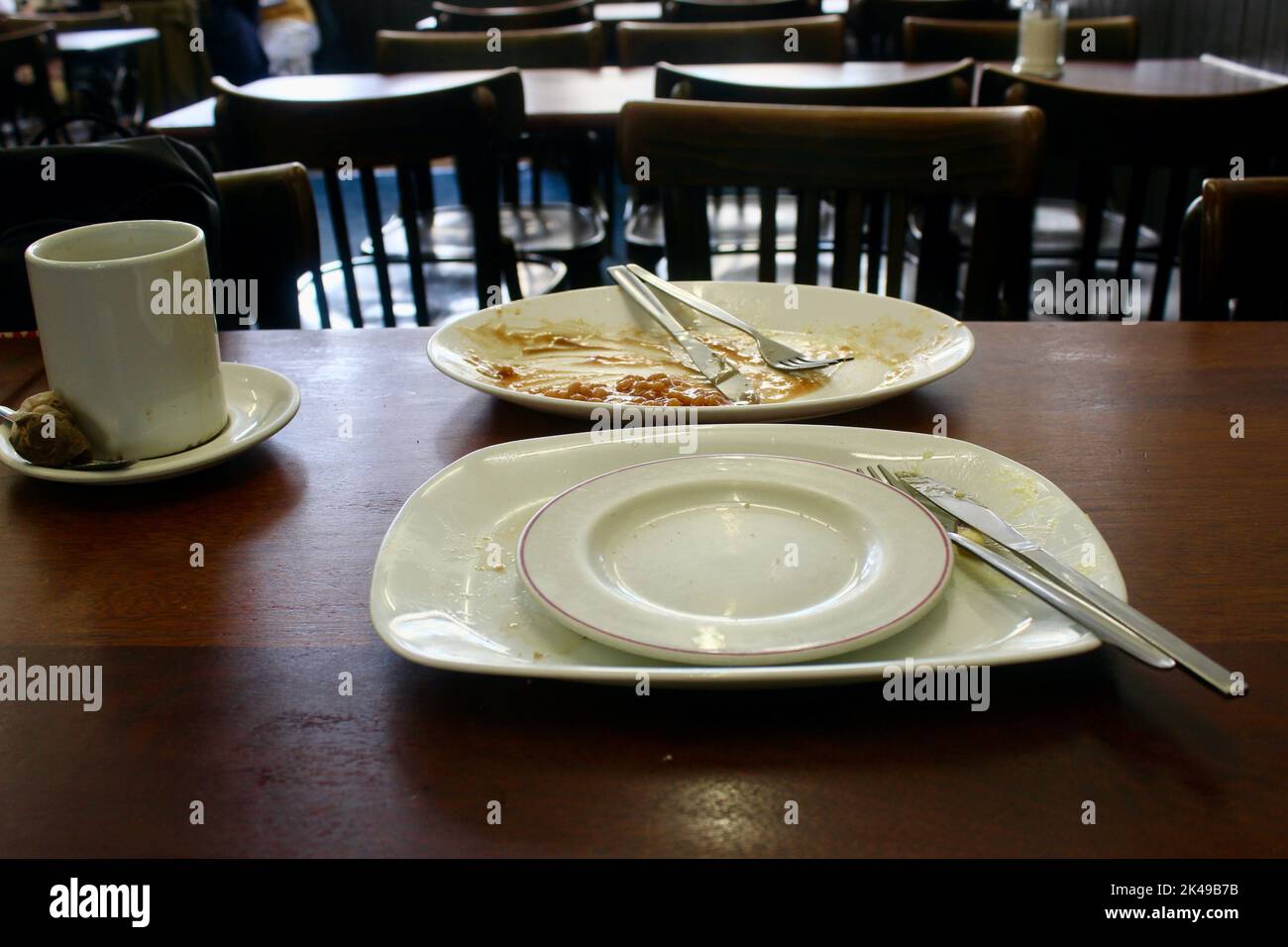 empty plates after egg chips beans two slices and a cup of tea at the ...