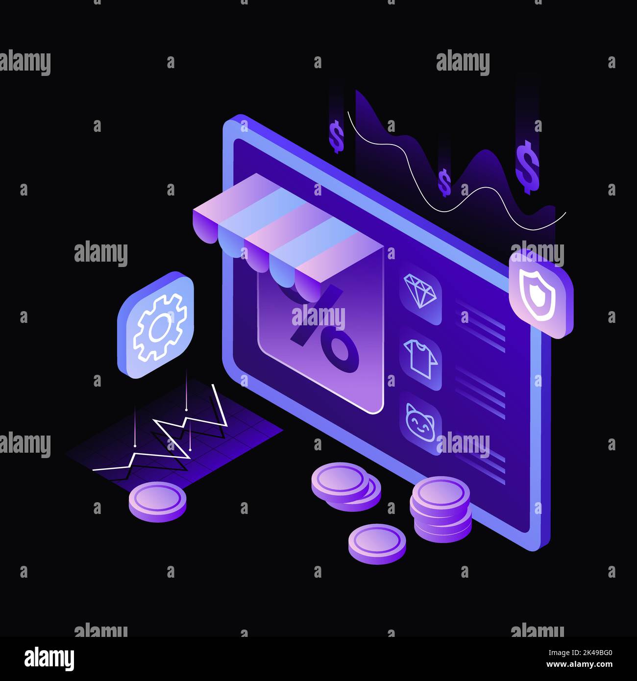 E-commerce Project Illustration. Online Shopping. Sales. Black Template ...