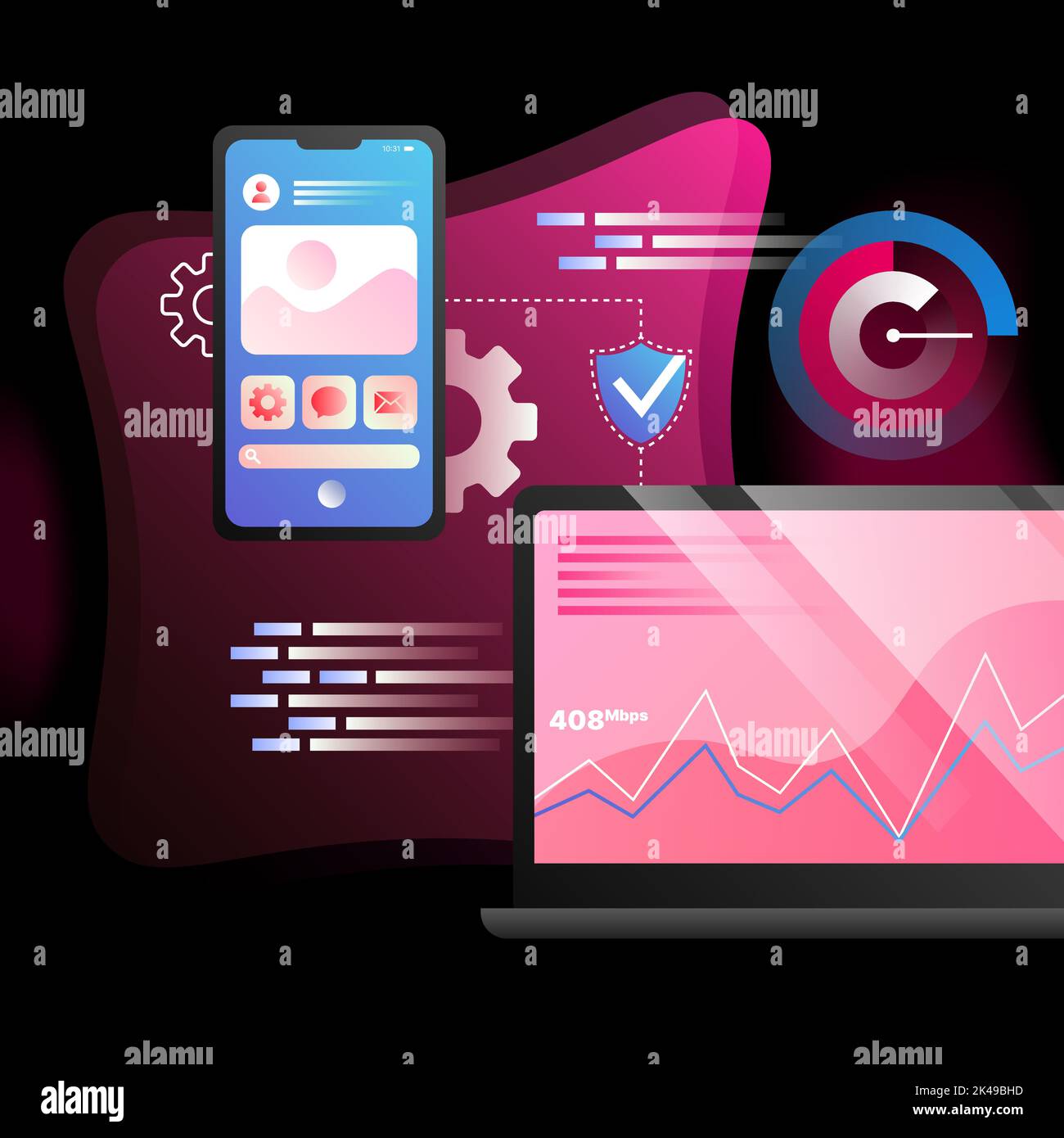 Network Security Illustration. Pink Detailed Elements, VPN, Laptop ...
