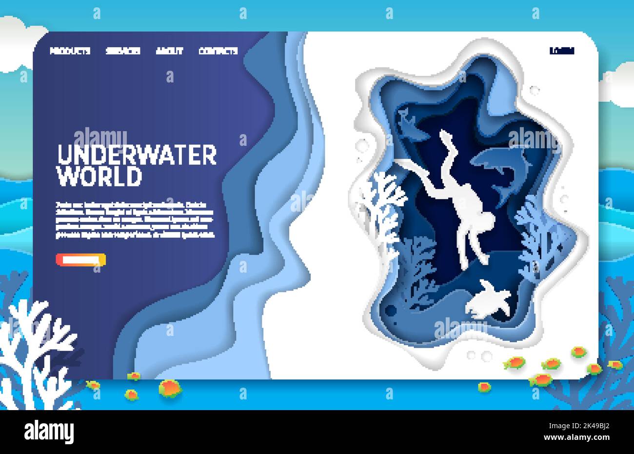 Underwater world landing page website template. Vector paper cut ...