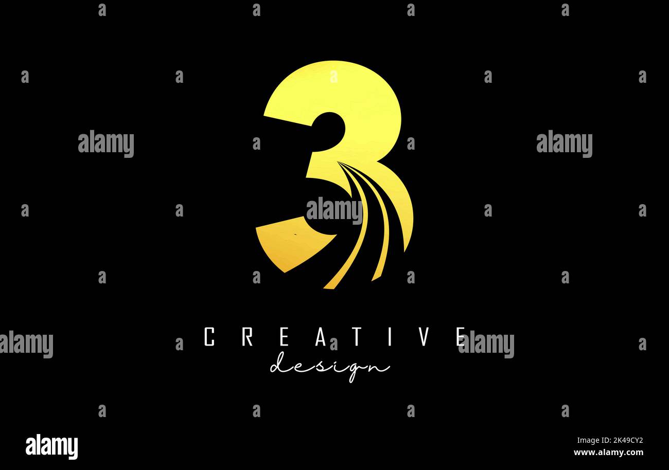 Golden Creative number 3 logo with leading lines and road concept ...