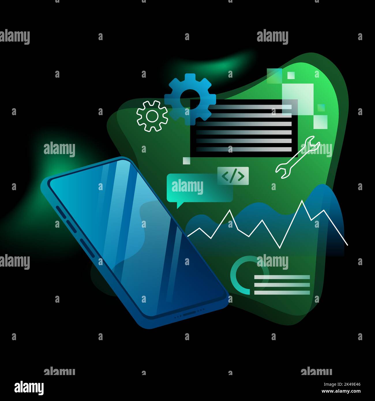 Application Abstract Illustration. Smartphone, charts and gears. Vector ...