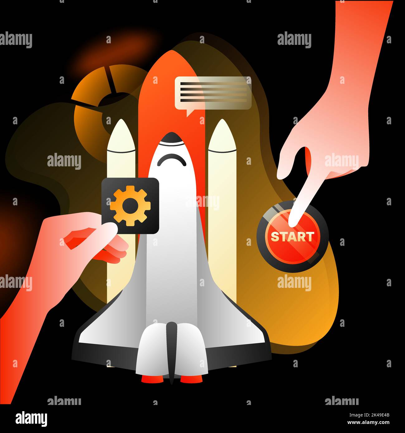 Startup Launch Illustration. Hand pressing Start Button, Rocket and ...