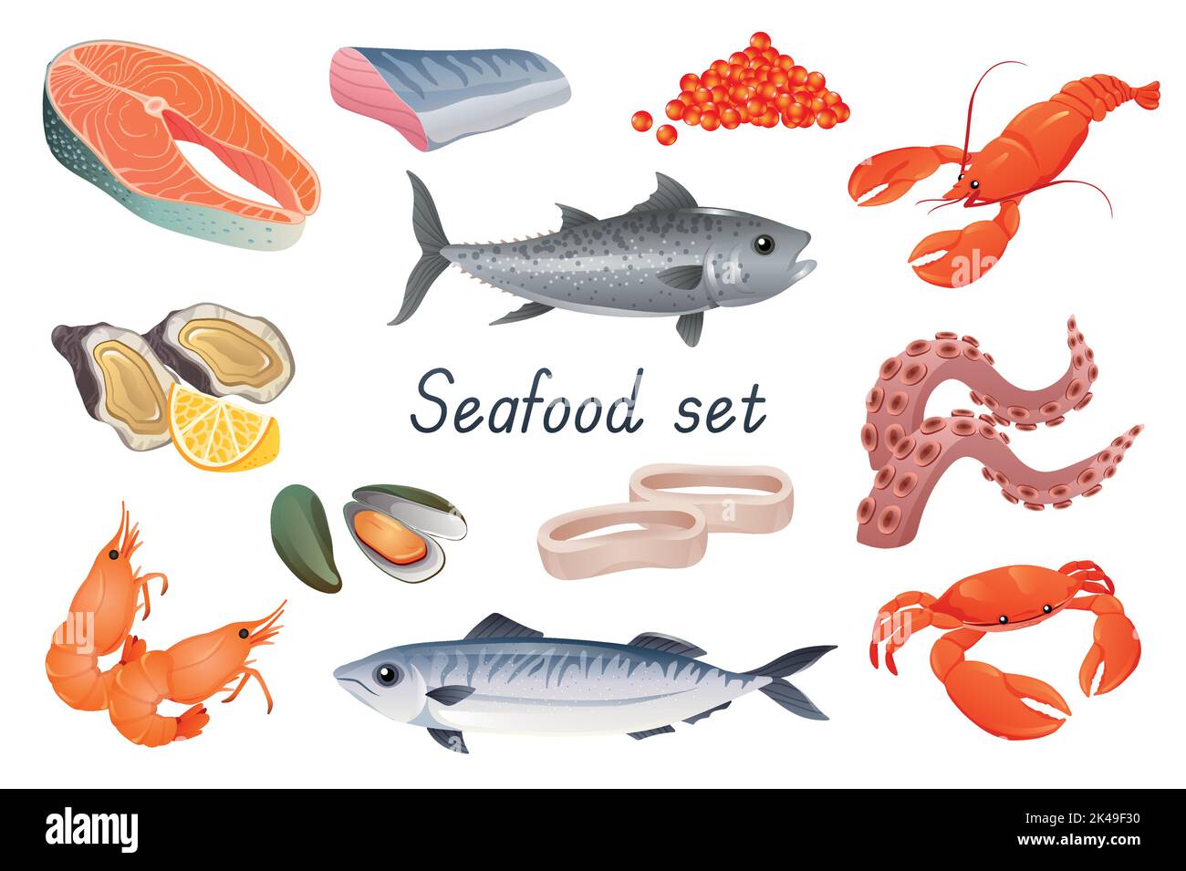 Seafoods 3d realistic set. Bundle of salmon steak, red caviar, crab ...