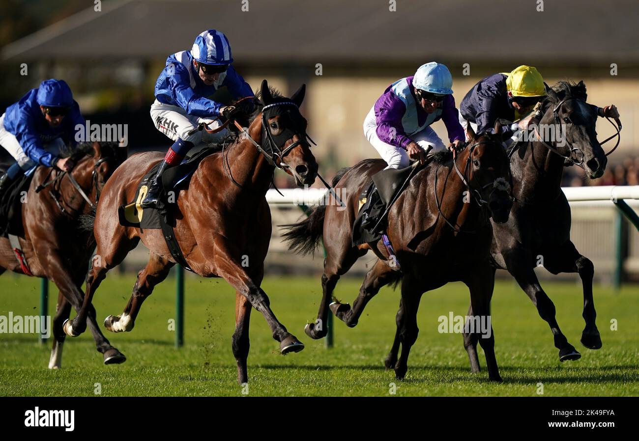 Enfjaar ridden by David Egan (centre left) wins the Weatherbys Print ...