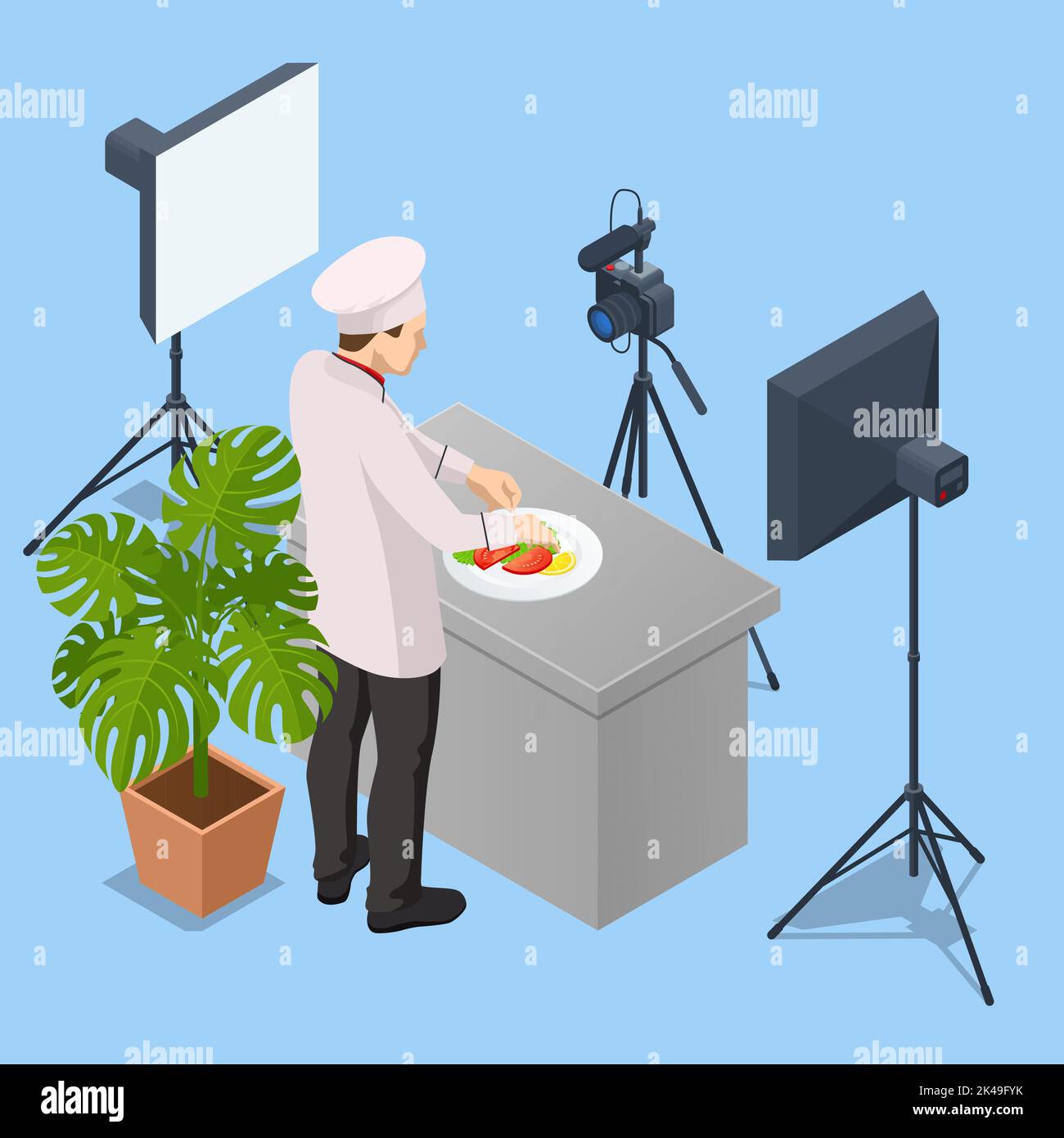 Isometric Chef Cook Recording Video On Camera at Kitchen. Chief In ...