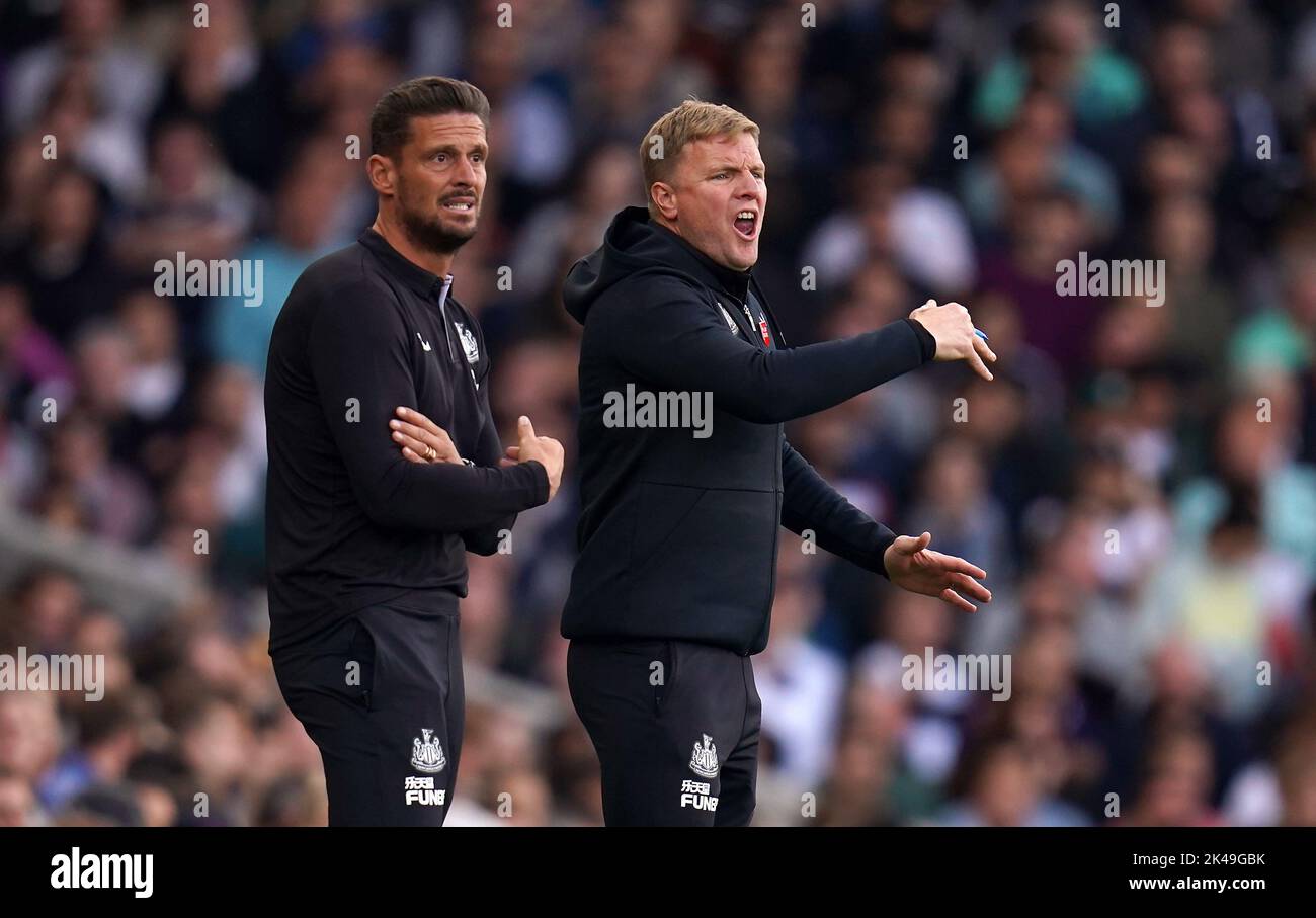 Newcastle United manager Eddie Howe (right) and assistant Jason Tindall on the touchline during ...