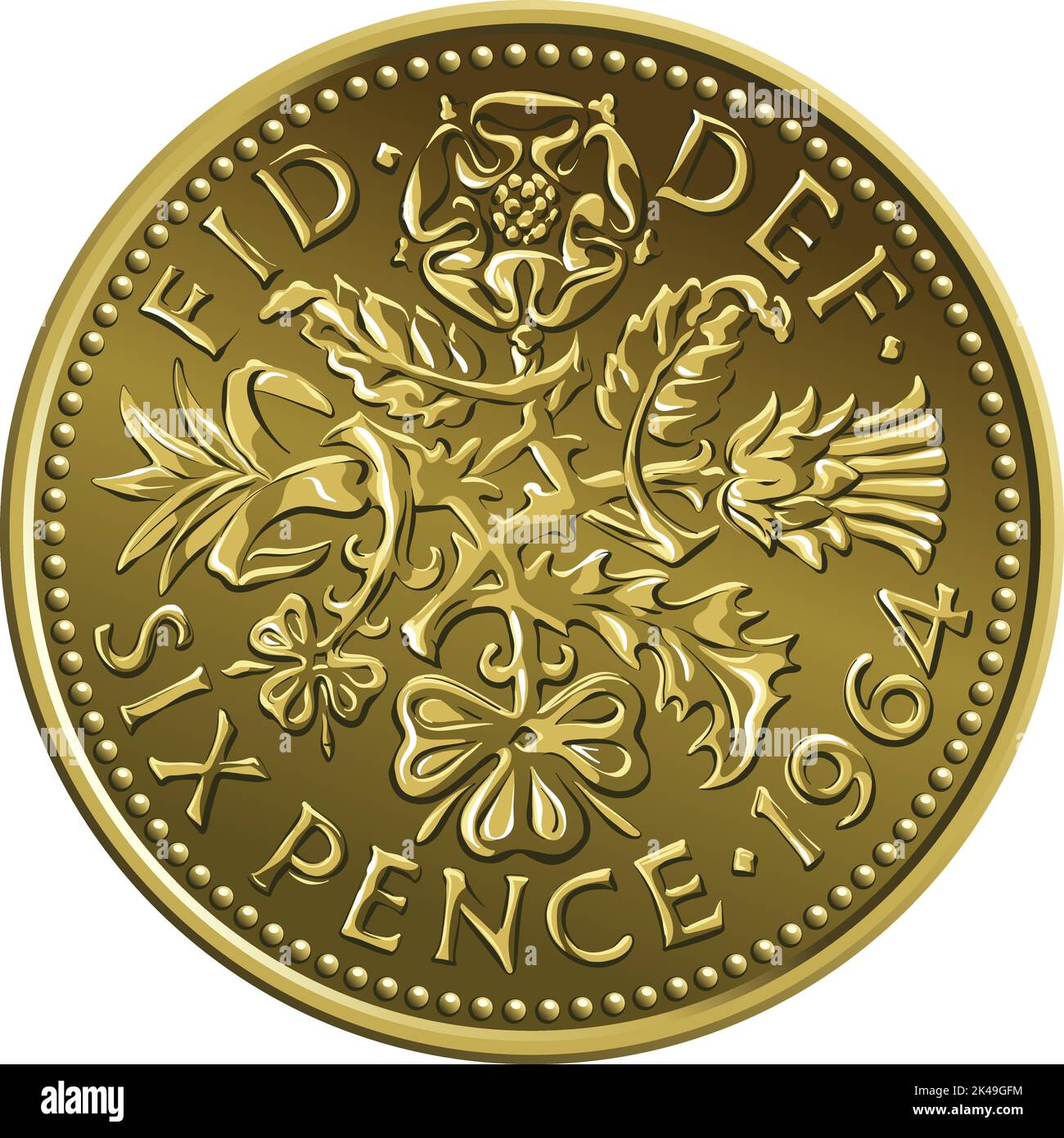 British sixpence money gold coin, reverse with floral design Stock ...