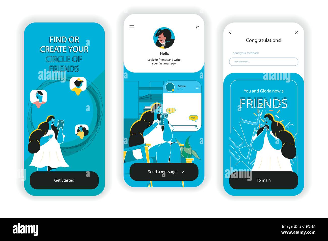 Social Network Concept Onboarding Screens Online Communication With Users Search For New