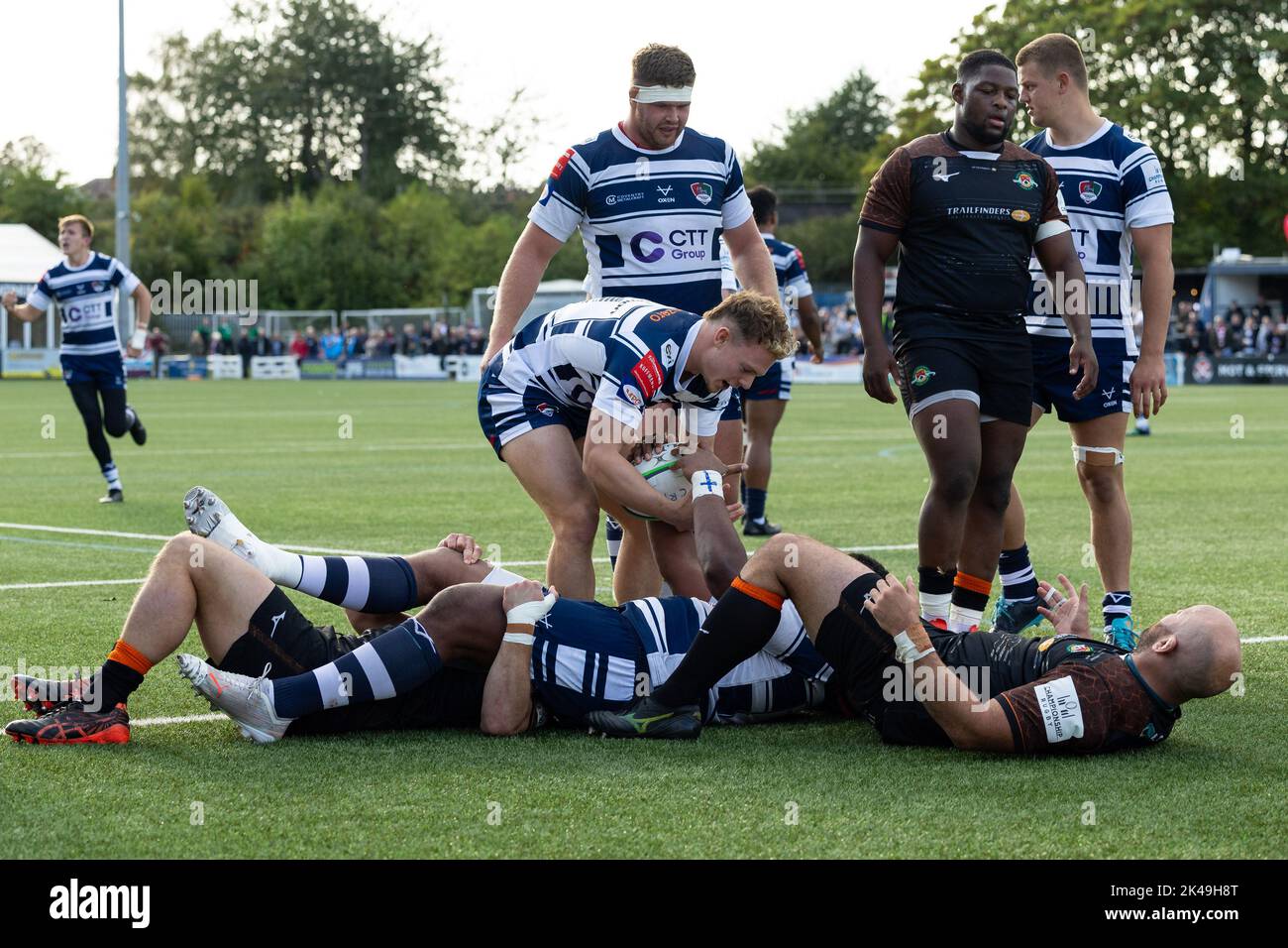 Senitiki Nayalo of Coventry Rugby is congratulated by team mates after ...
