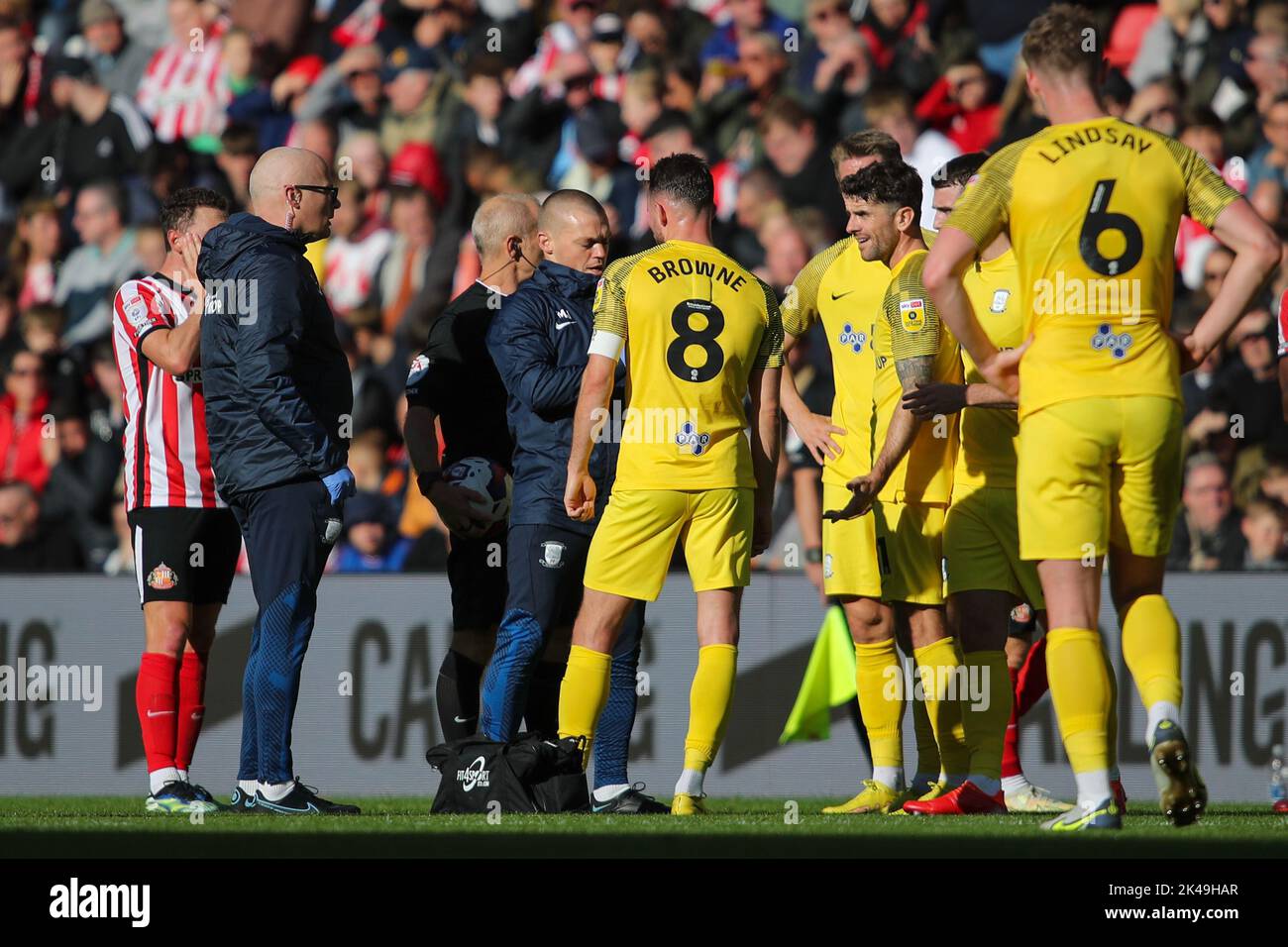Alan Browne #7 of Preston receives medical treatment during the Sky Bet ...