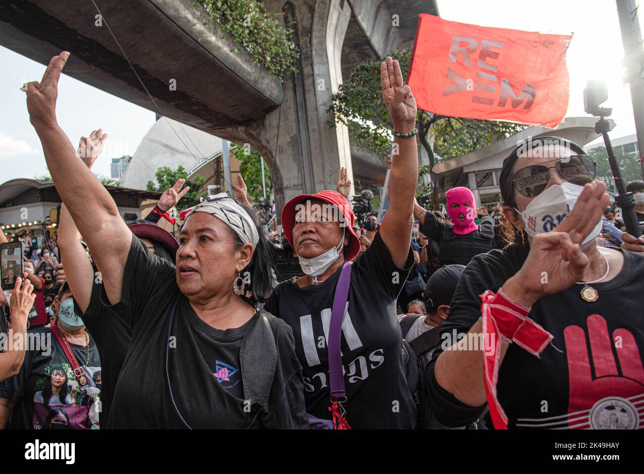 Bangkok, Thailand. 01st Oct, 2022. Protesters seen making three finger ...