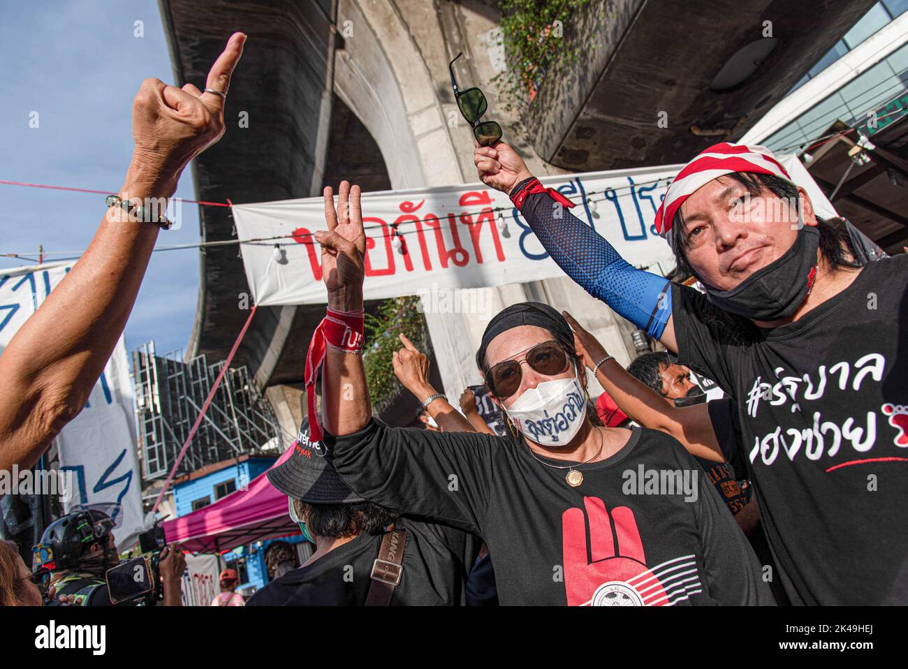 Bangkok, Thailand. 01st Oct, 2022. Protesters seen making three finger ...