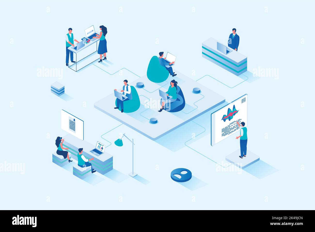 Coworking 3d isometric web design. People work on laptops in open office, discussing tasks and ...