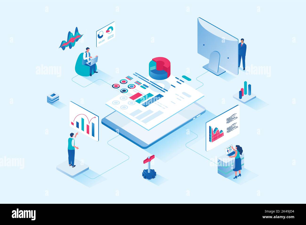 Data analysis 3d isometric web design. People work with charts, diagrams and graphs, make ...