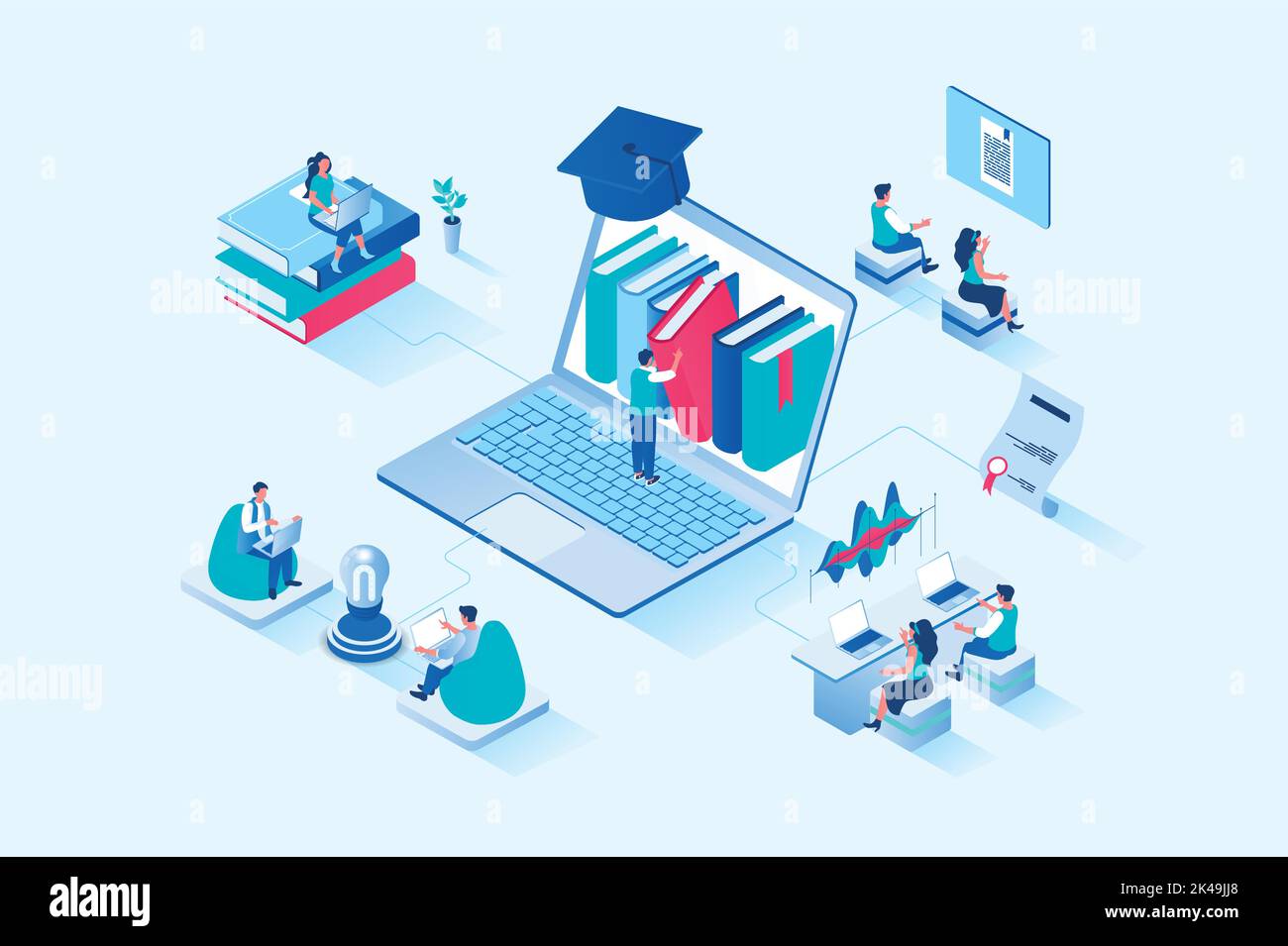 Online studying 3d isometric web design. People read books and study ...