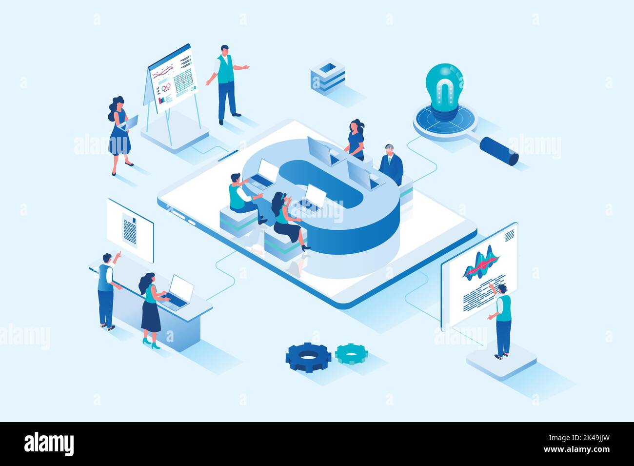 Business meeting 3d isometric web design. People present report ...