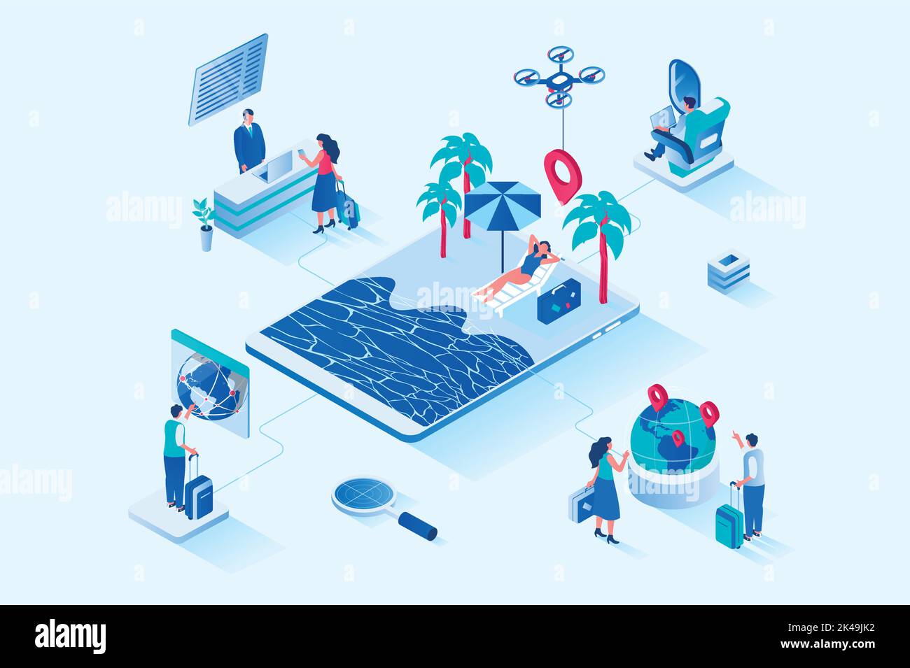 Travel vacation 3d isometric web design. People choose direction for travel, go on vacation with ...