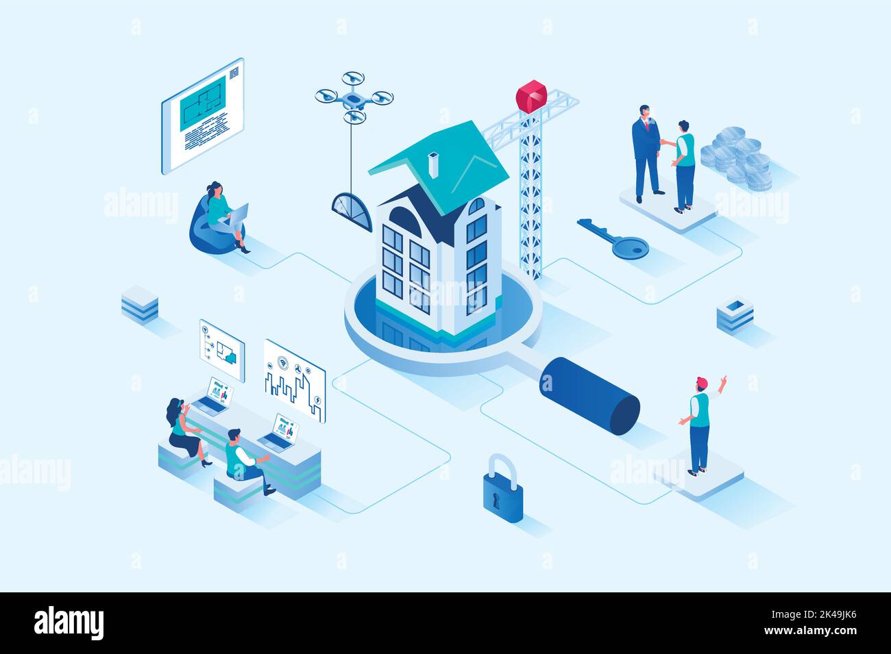 Real estate 3d isometric web design. People work in real estate business, architects design new ...