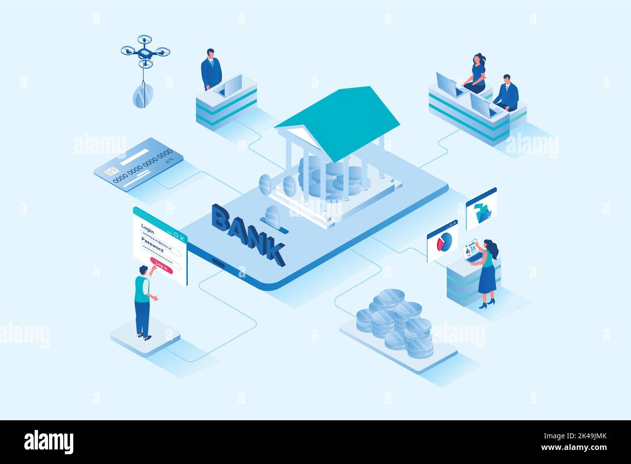 Mobile banking 3d isometric web design. People use online banking ...