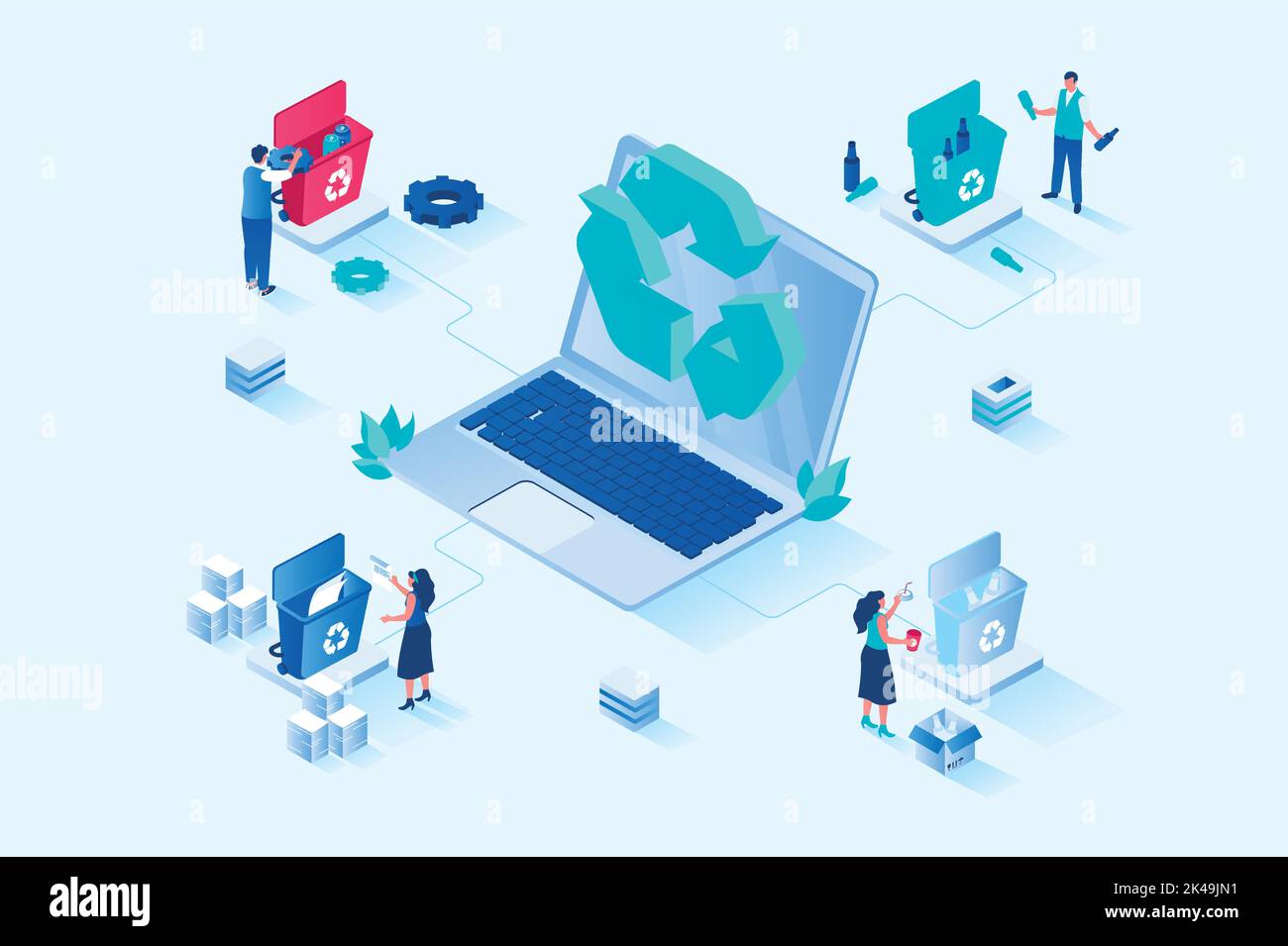 Waste management 3d isometric web design. People collect and sort ...