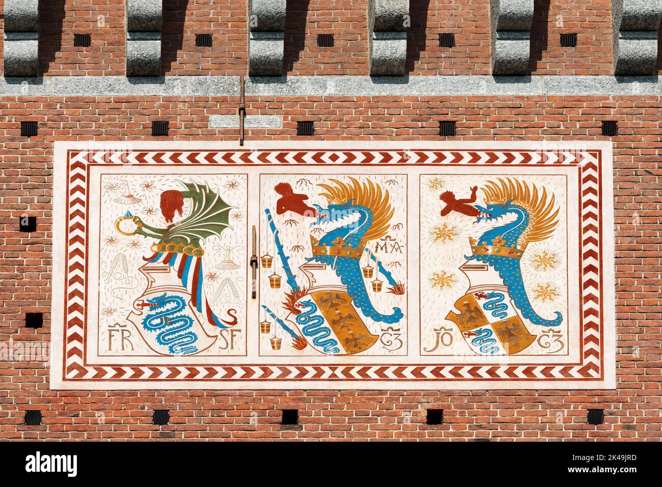Milan. Detail of the tower of Filarete (clock tower) with the coat of ...