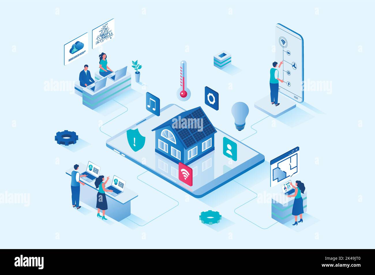 Smart home 3d isometric web design. People monitor and control sensors in house from mobile ...