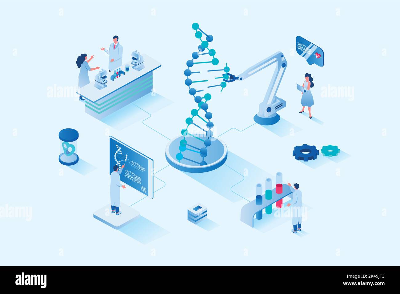 Medical laboratory 3d isometric web design. People scientists explore molecular structure of dna ...