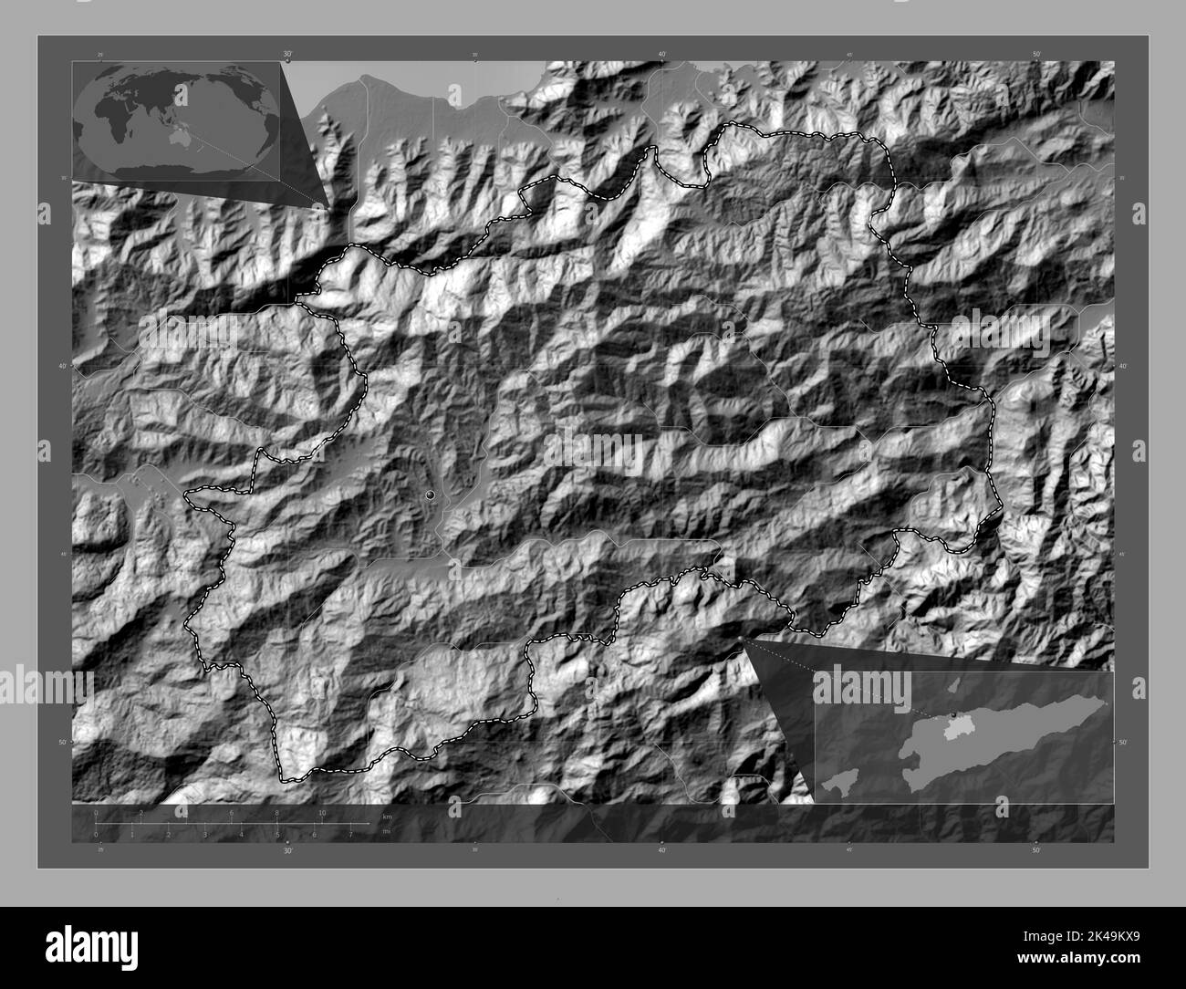 Aileu, municipality of East Timor. Bilevel elevation map with lakes and ...