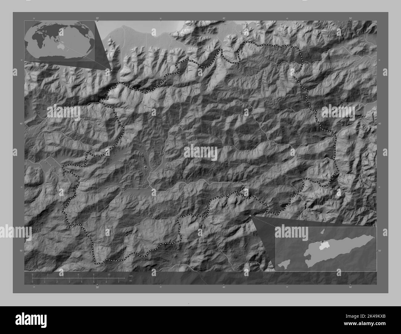 Aileu, municipality of East Timor. Grayscale elevation map with lakes ...