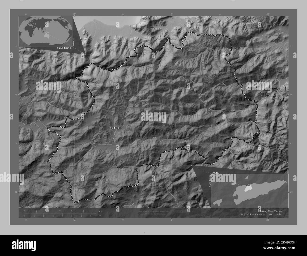 Aileu, municipality of East Timor. Grayscale elevation map with lakes ...