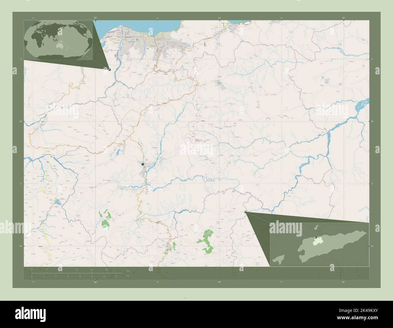 Aileu, municipality of East Timor. Open Street Map. Locations of major ...