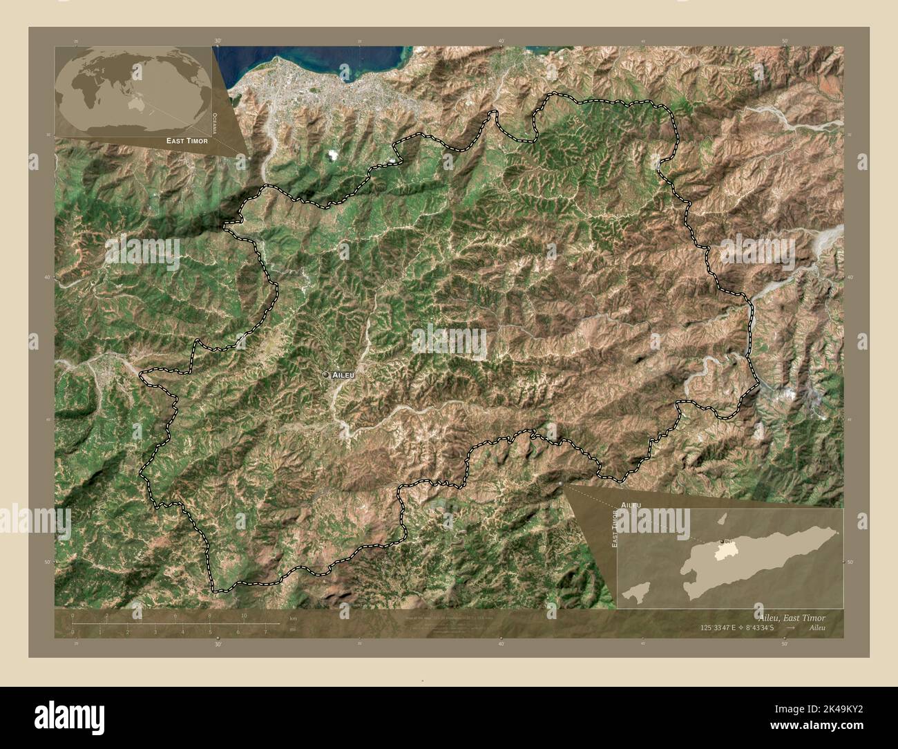 Aileu, municipality of East Timor. High resolution satellite map ...